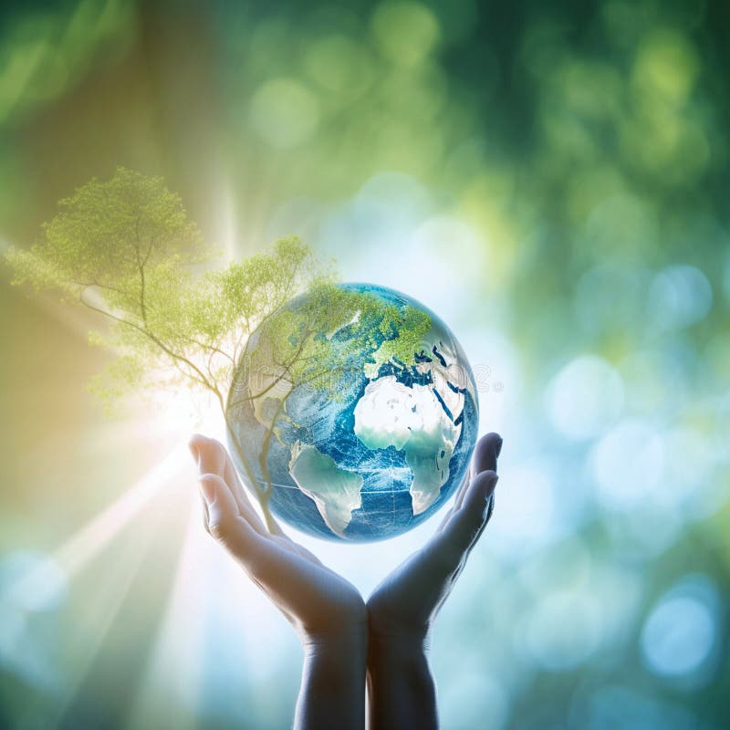 Human Hands Holding Globe and Tree Over Blur, Generative AI Stock Image ...
