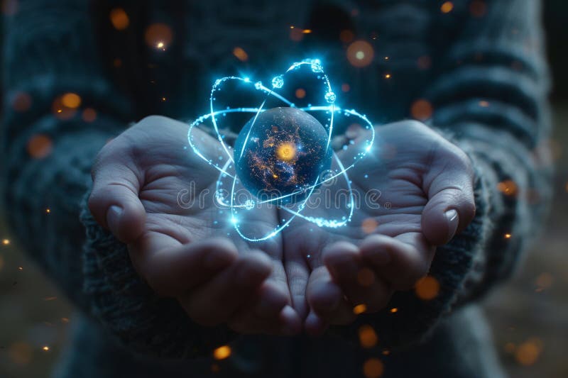 Human Hands Holding a Glowing Atomic Energy Representation Stock ...