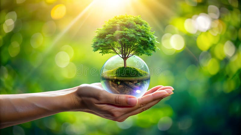 Human Hands Holding a Glowing Earth Globe with a Green Tree Growing ...