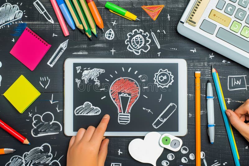 Human Hands Holding a Tablet Device Displaying Colorful Doodles and ...