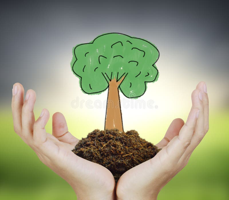 Human hands holding tree stock illustration. Illustration of green ...