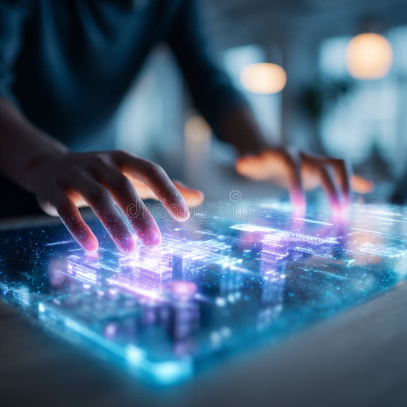Human Hands Interact with a Futuristic, Glowing Digital Interface Displaying Intricate Circuit ...