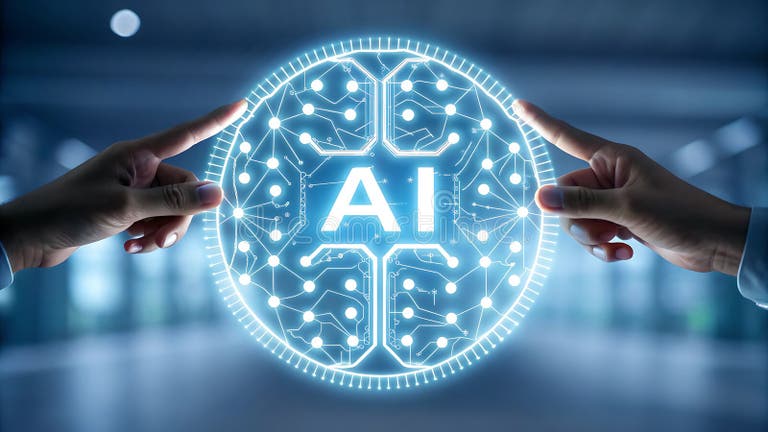 Human Hands Interact with a Glowing Digital Brain Network Symbolizing ...