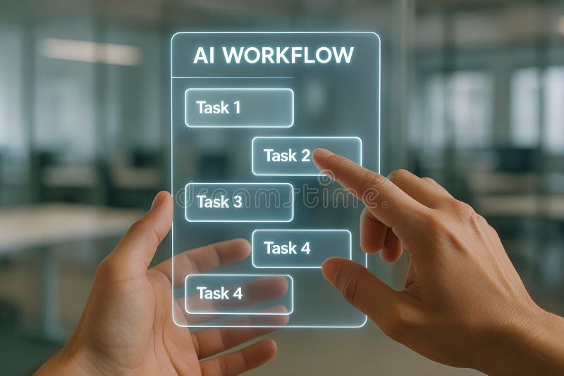 Human Hands Interacting with a Futuristic Ai Workflow Diagram ...