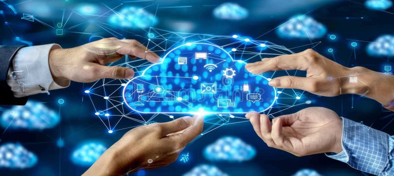 Human Hands Interacting with Futuristic Cloud Computing Icon, Network ...