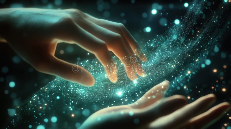 Human Hands Interacting with Glowing Particles in Space Stock Image ...