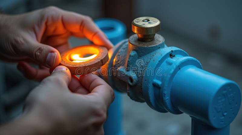 Close-Up of Hands Adjusting a Blue Metallic Industrial Valve Stock ...