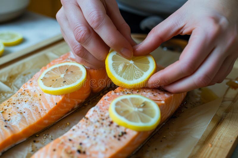 Human Hands Placing a Lemon Slice on Sousvide Salmon Fillet Stock Image ...