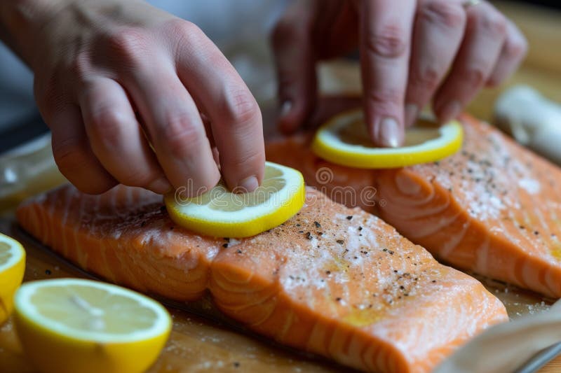 Human Hands Placing a Lemon Slice on Sousvide Salmon Fillet Stock Photo ...