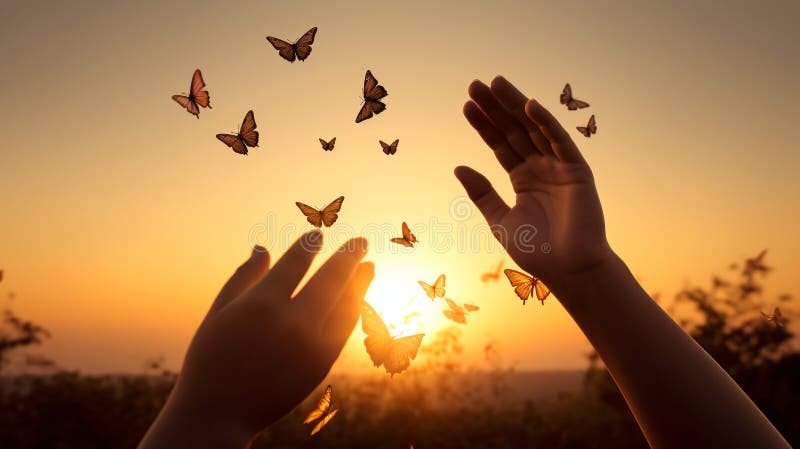 Human Hands Release a Group of Butterflies at Sunset. AI Generated ...