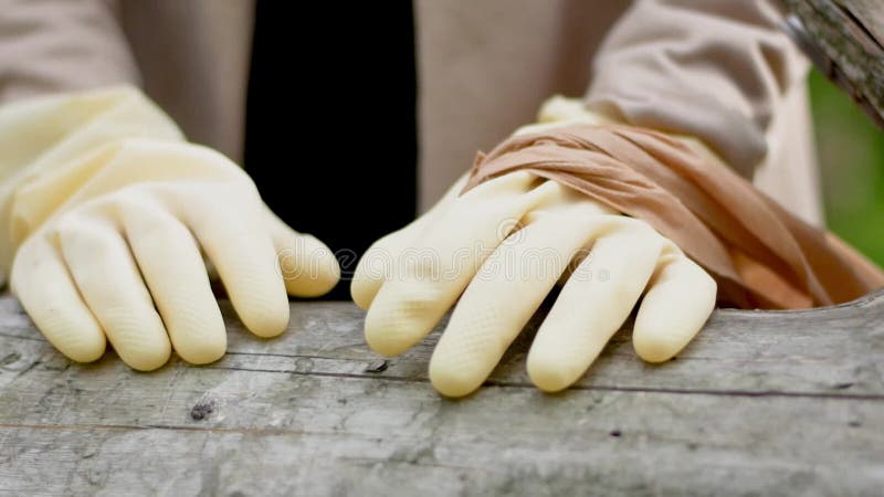 Human Hands in Rubber Gloves with a Bag for Collecting Garbage in ...
