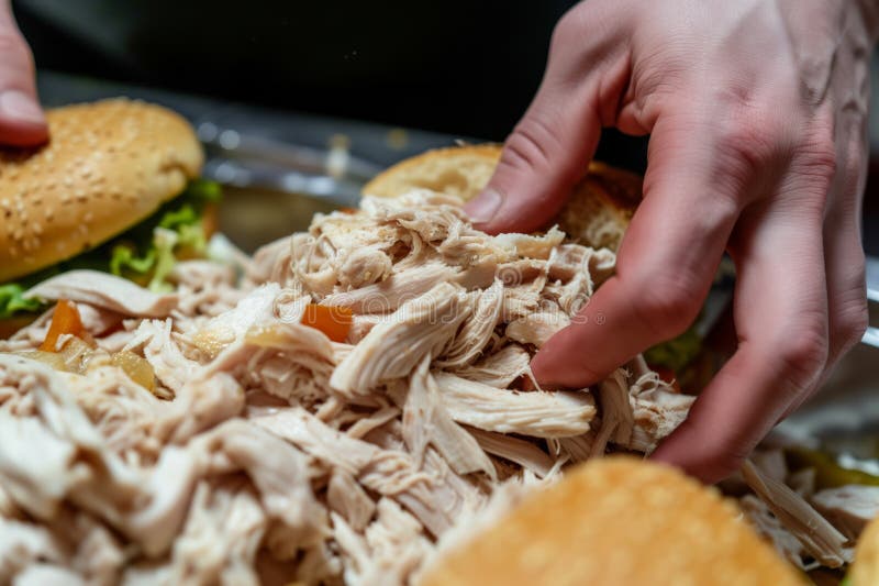 Human Hands Shredding Slowcooked Chicken for Sandwiches Stock Photo ...