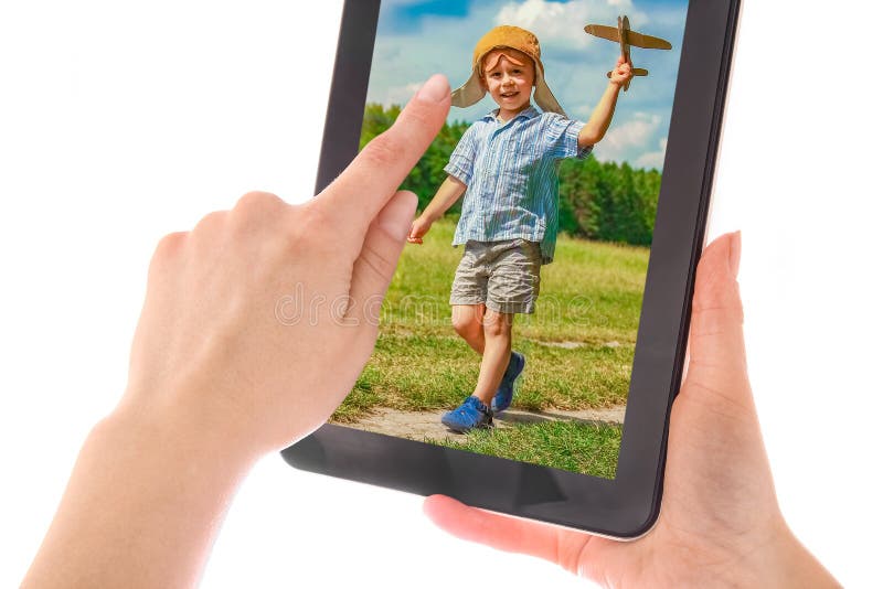 In Human Hands Tablet Computer Touch-screen Gadget with Isolated Stock ...