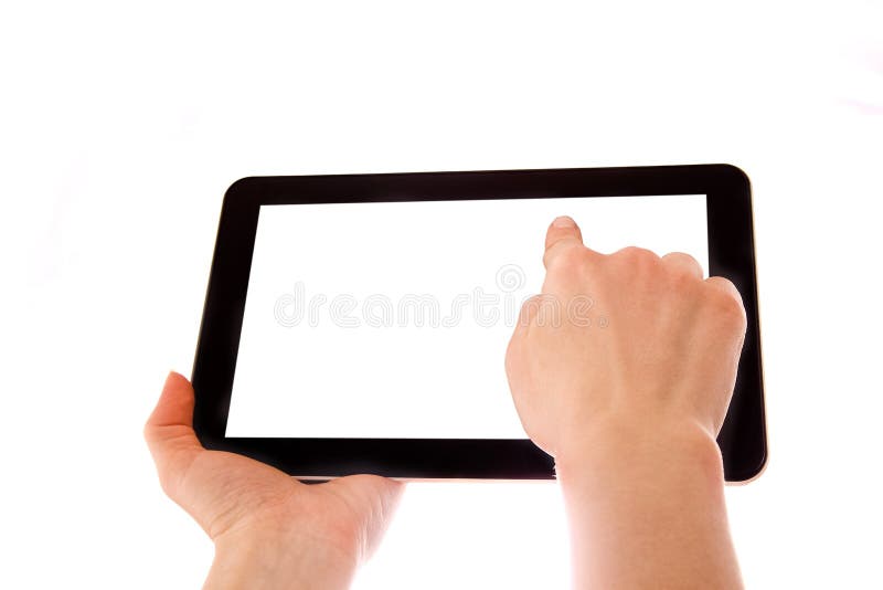 In Human Hands Tablet Computer Touch-screen Gadget with Isolated Stock ...