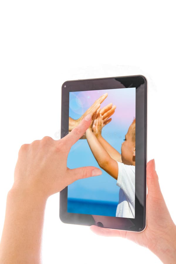 In Human Hands Tablet Computer Touch-screen Gadget with Isolated Stock ...
