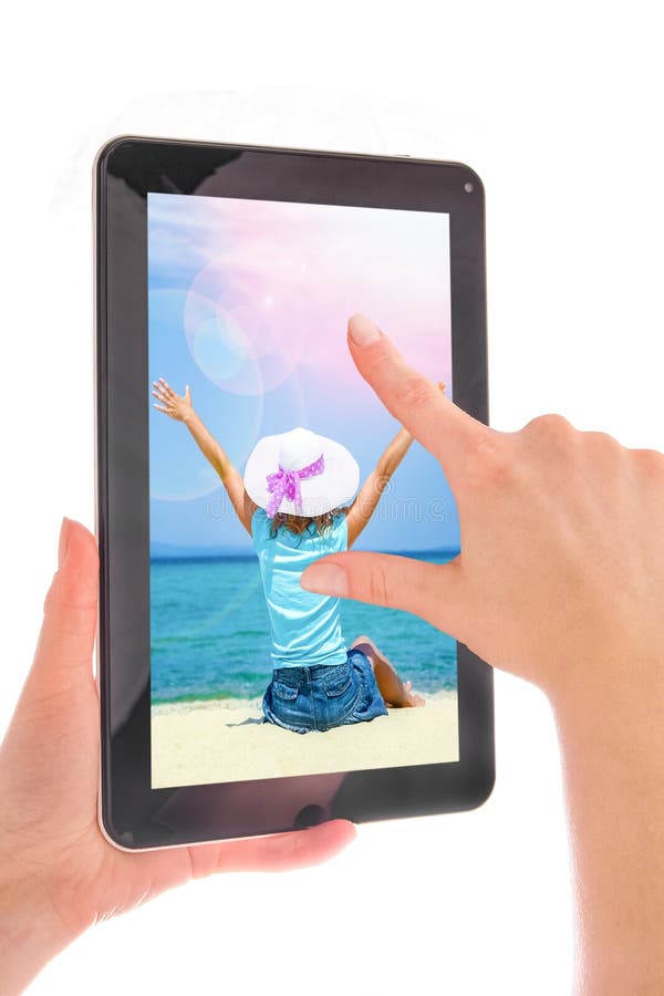 In Human Hands Tablet Computer Touch-screen Gadget with Isolated Stock ...