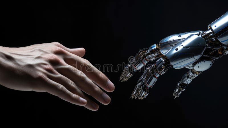 The Human Hands Touch the Robot S Metallic Hand. Concept of Harmonious ...