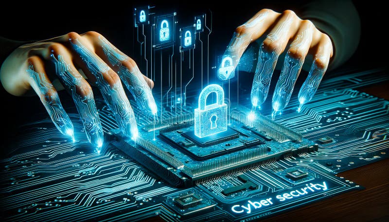 Human Hands Using Digital Padlock on Digital Microcircuits Background ...