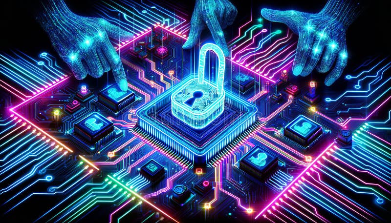 Human Hands Using Digital Padlock on Digital Microcircuits Background ...
