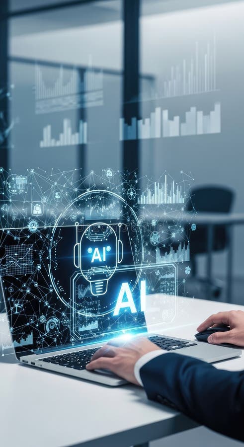 Human Hands Using a Glowing Artificial Intelligence Chatbot on a Laptop ...