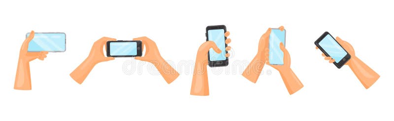 Human Hands Using Smartphone Holding Gadget with Touchscreen Vector Set ...
