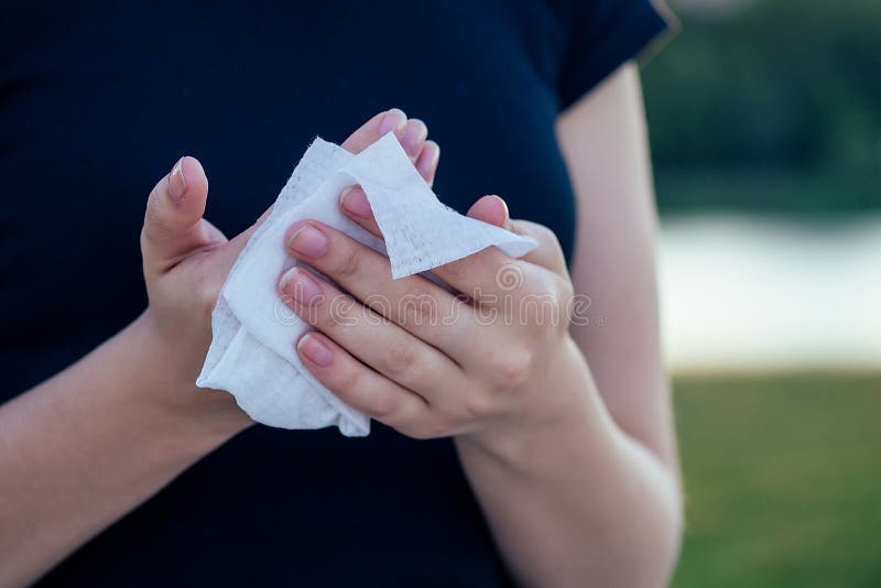 Human Hands Wipe with a Wet Napkin Body Part Stock Photo - Image of ...