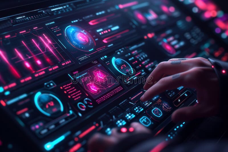 Human Hands Working on a Futuristic Digital Control Panel Stock ...