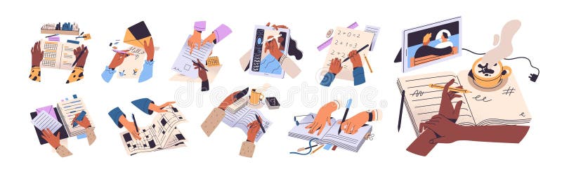 Human Hands Write Top View Set. People Do Homework in Notebook, Drawing ...