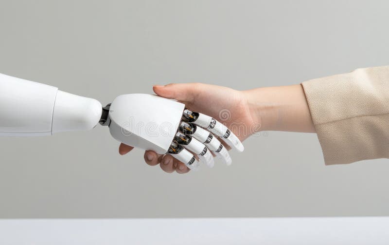 Human Handshaking with a Robotic Hand Against Gray Background Stock ...