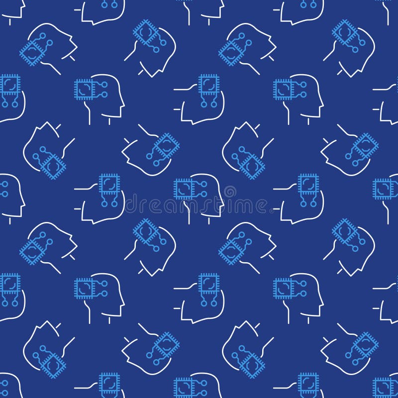Human Head with AI Chip or CPU Vector Blue Line Seamless Pattern Stock Illustration ...