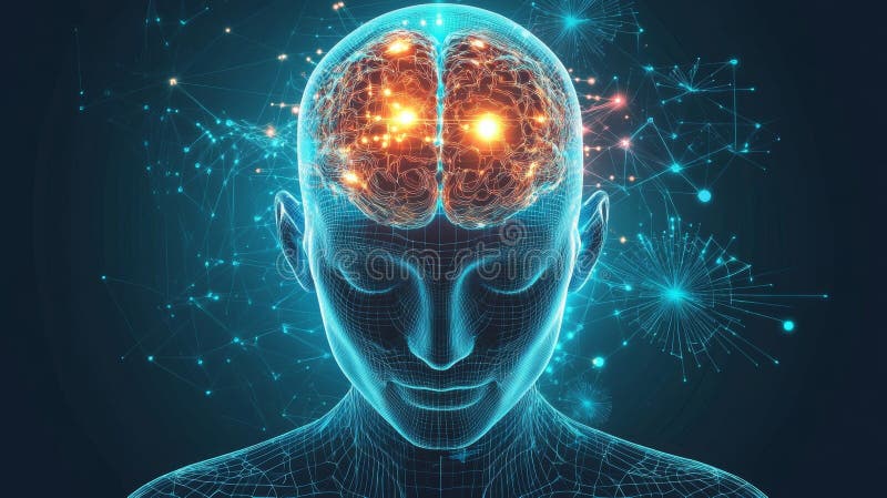 Human Head with AI Neural Network Glowing Elements. Stock Photo - Image ...