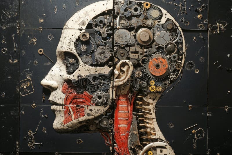 Human Head Anatomical Model Showing Muscles and Mechanical Gears Stock ...