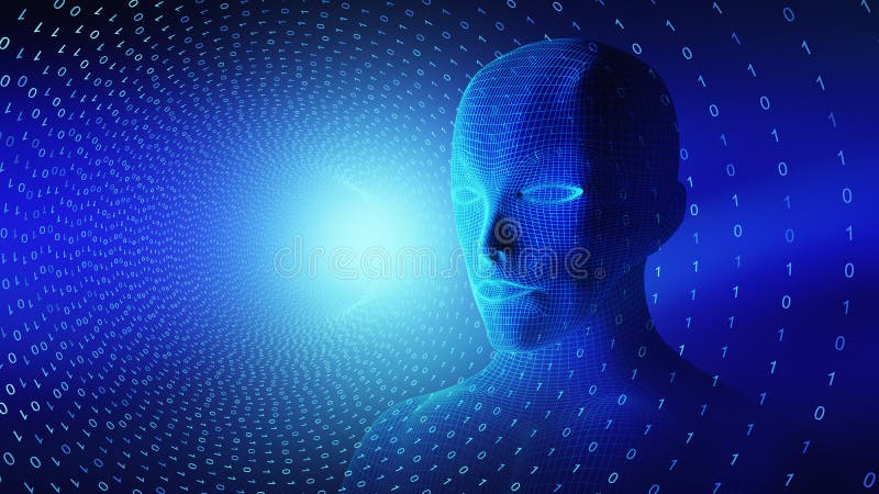 Human Head with Brain with Binary Code. Wireframe Model Stock ...