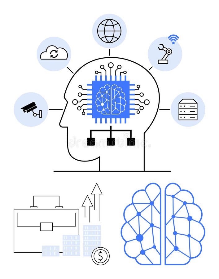 Human Brain with Integrated Circuits and Connected Technology Icons ...