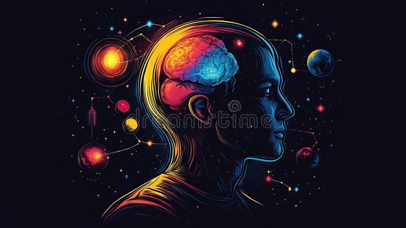 Human Head, Brain, and Cosmic Elements. a Vibrant Illustration ...