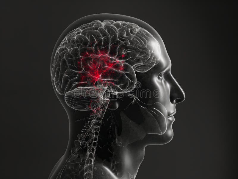 Human Head with Brain Highlighted in Red Stock Photo - Image of ...