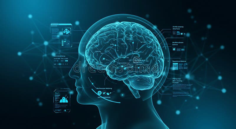 Human Head with Brain Scan Displaying Data and Connected Information ...