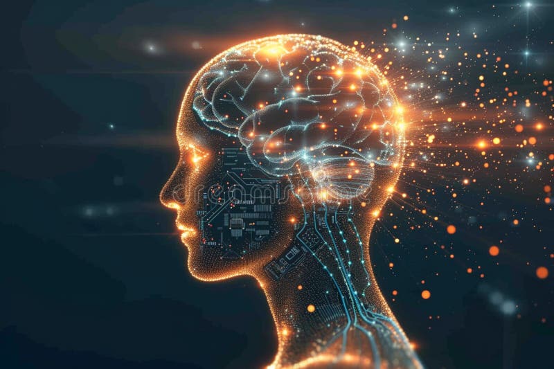 Human Head with Brain Structure Lines Connecting Electronic Circuits ...