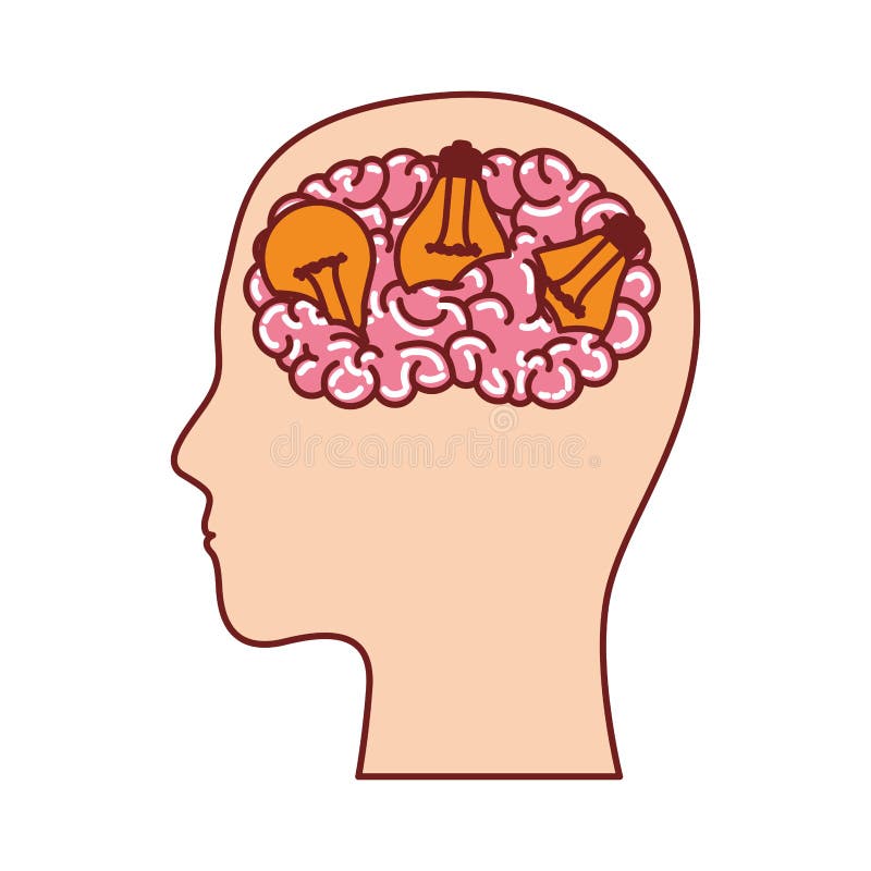 Human Face Silhouette with Brain and Light Bulbs in Colorful Silhouette ...