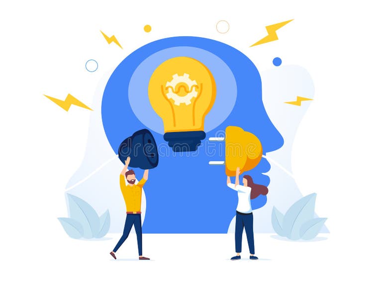 Human Head with Gear Wheels Inside and Man Putting Power Plug into ...