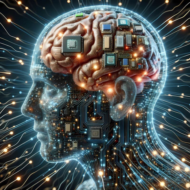 Human Head with Glowing Brain Neurons from Processor, Constructed from ...