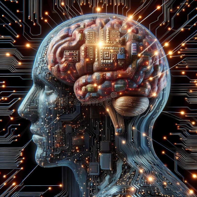 Human Head with Glowing Brain Neurons from Processor, Constructed from ...