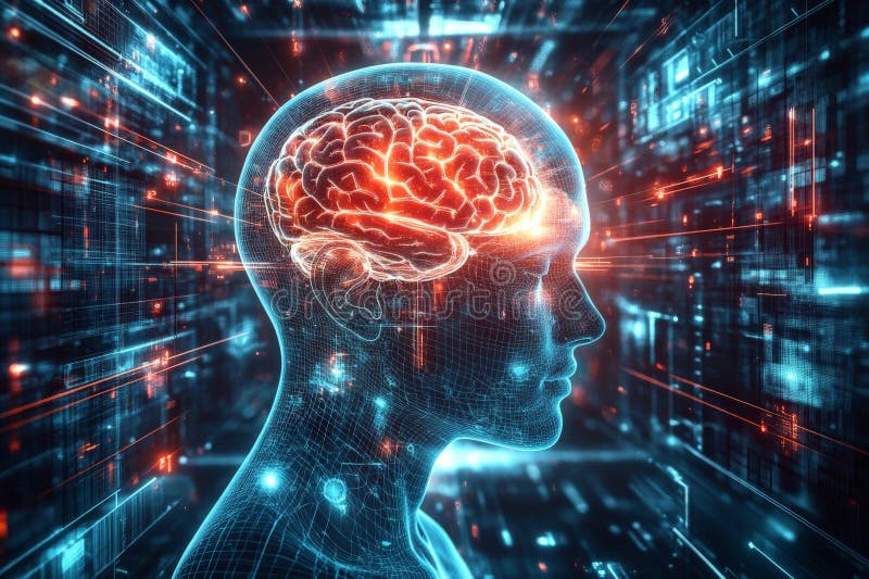 A Human Head with a Glowing Brain and Swirling Lines of Light ...