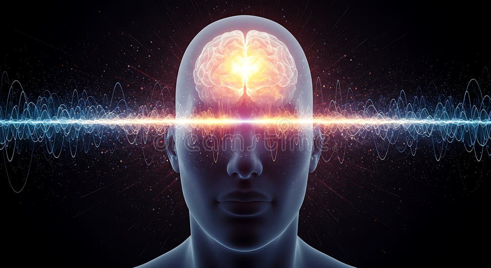 Human Head with Glowing Brain and Visualized Waves Concept Stock ...