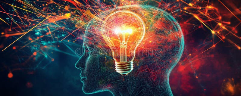 A Human Head with a Glowing Lightbulb Emerging from it, Surrounded by ...