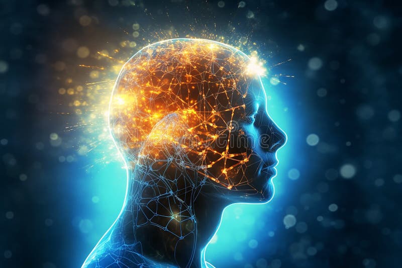 Human Head with Glowing Neurons in the Brain Stars Around. Generative ...