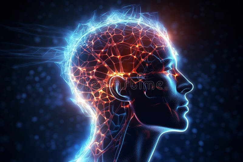 Human Head with Glowing Neurons in the Brain Stars Around. Generative ...