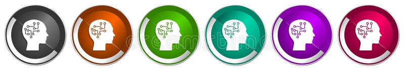 Human Head Icon Set, Brain, Human, Circuit Silver Metallic Chrome ...