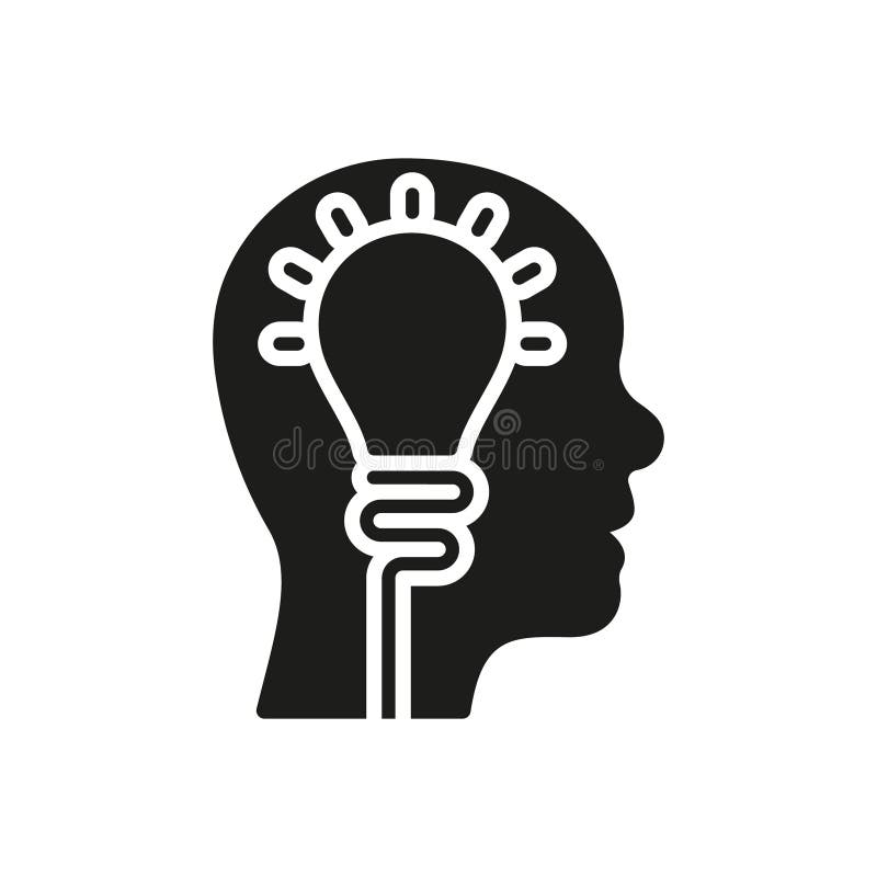 Human Head and Lightbulb Silhouette Pictogram. Creative Thinking Solid ...