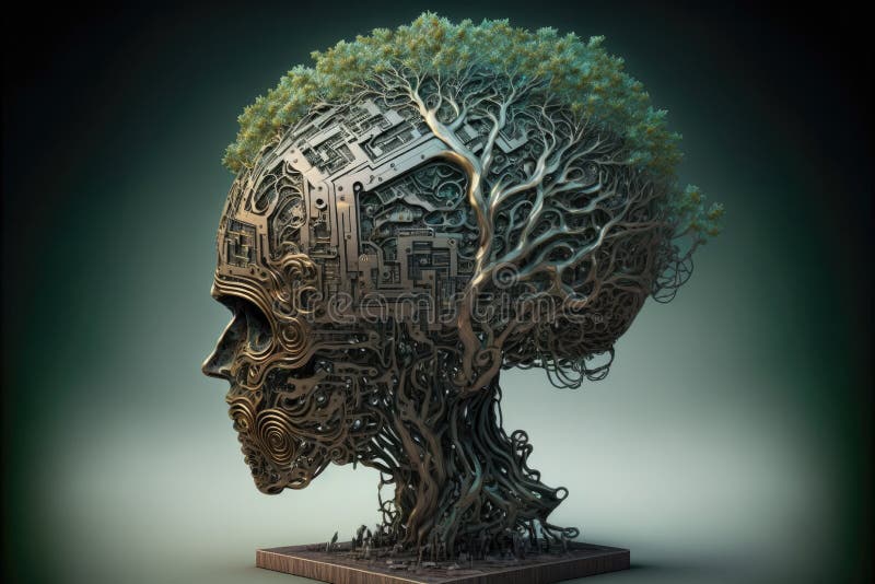 Human Head Made of Metallic and Vegetal Parts, Looking Like a Tree ...